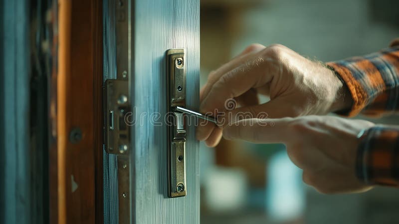 Hands Installing a Door Lock Mechanism with a Screwdriver, Showcasing ...
