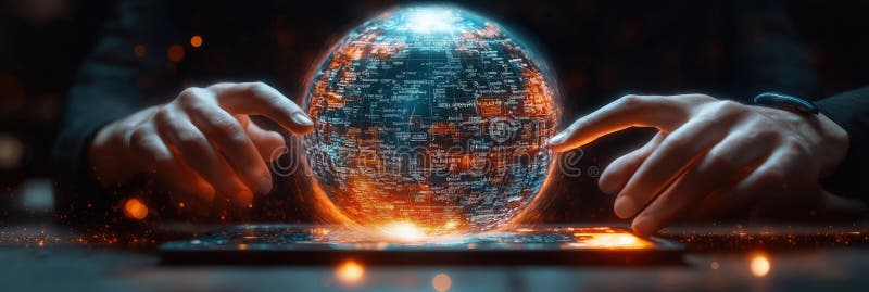 Hands Interact with Digital Globe Displaying Multiple Languages, Code. VR Tech for Global ...