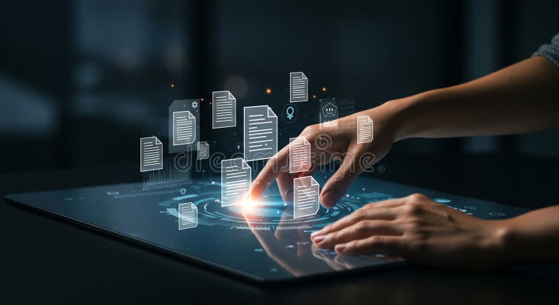 Hands Interact with a Digital Interface on a Flat, Illuminated Surface ...