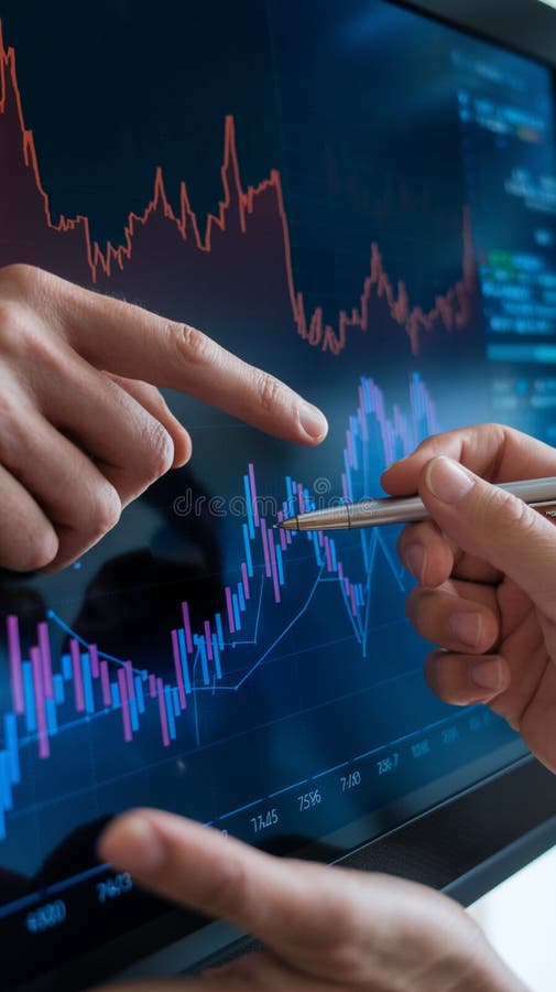 Hands Interact with a Digital Screen Displaying Financial Line Graph ...