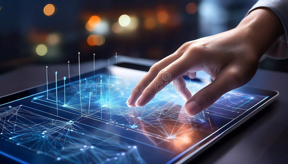 Hands Interact with a Digital Table Displaying a Network Data Visualization Stock Illustration ...