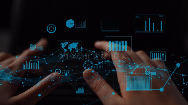 Hands Interacting with Digital Data Representation Displaying Growth Charts, Analytics, and ...