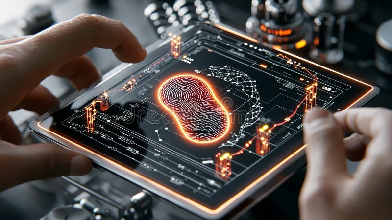 Hands Interact with a Glowing Digital Fingerprint Scanner on a High-tech Interface. 4k Video ...