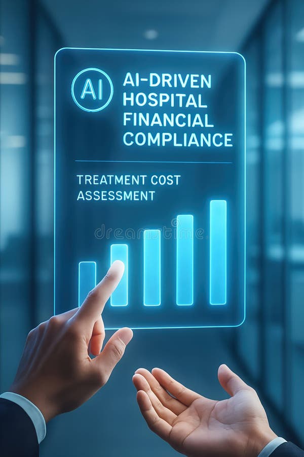 Hands Interacting with an Ai Driven Interface Demonstrating Hospital Financial Compliance and ...