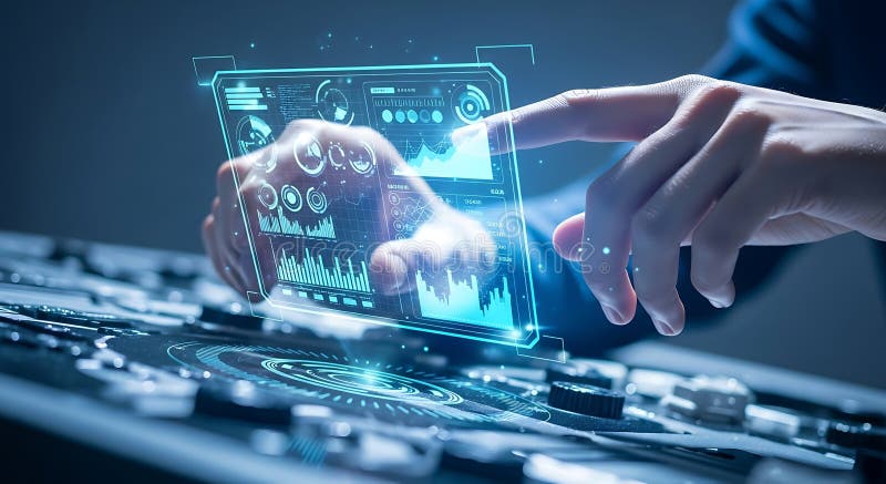 Hands Interact with a Transparent, Holographic Interface Displaying ...