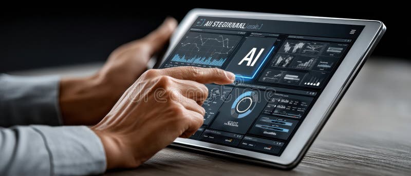 Hands Interacting with Digital Ai Interface on Tablet Displaying Data Analytics and Graphs in ...
