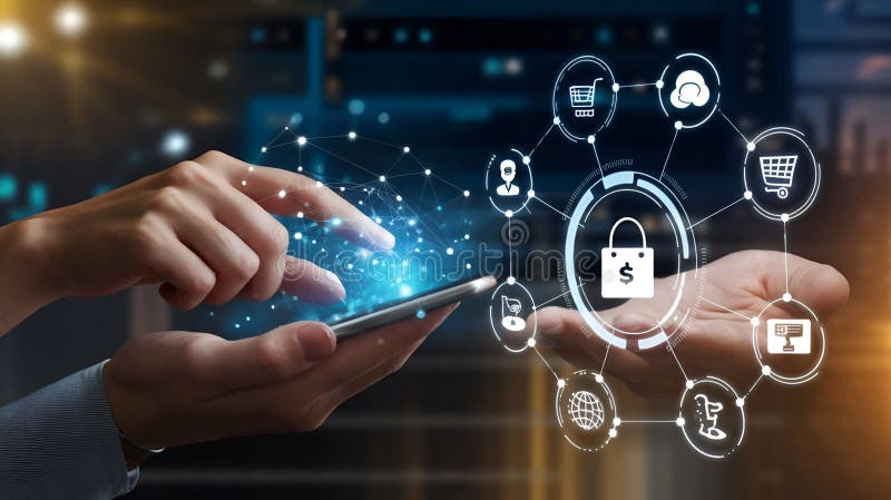 Hands Interacting with Digital Financial Security Interface Representing E-commerce and Data ...