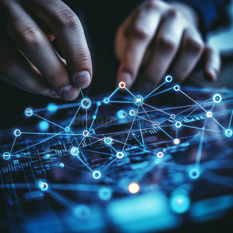 Digital Hands Interacting Glowing Network Connections Futuristic Design ...