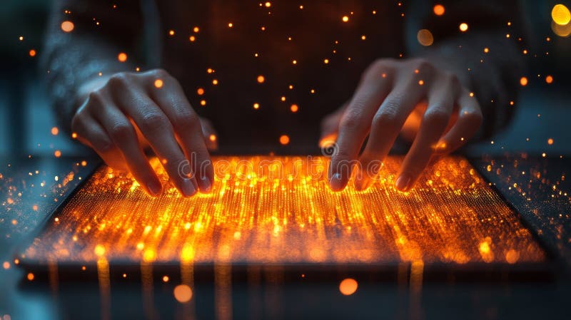 Hands Interacting with Fiery Digital Interface Stock Illustration ...
