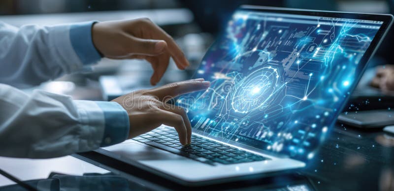 Hands Interacting with Futuristic Digital Interface on Laptop Computer ...