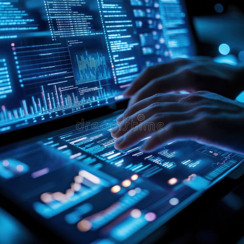 Hands Interacting with Futuristic Digital Interface on Laptop ...