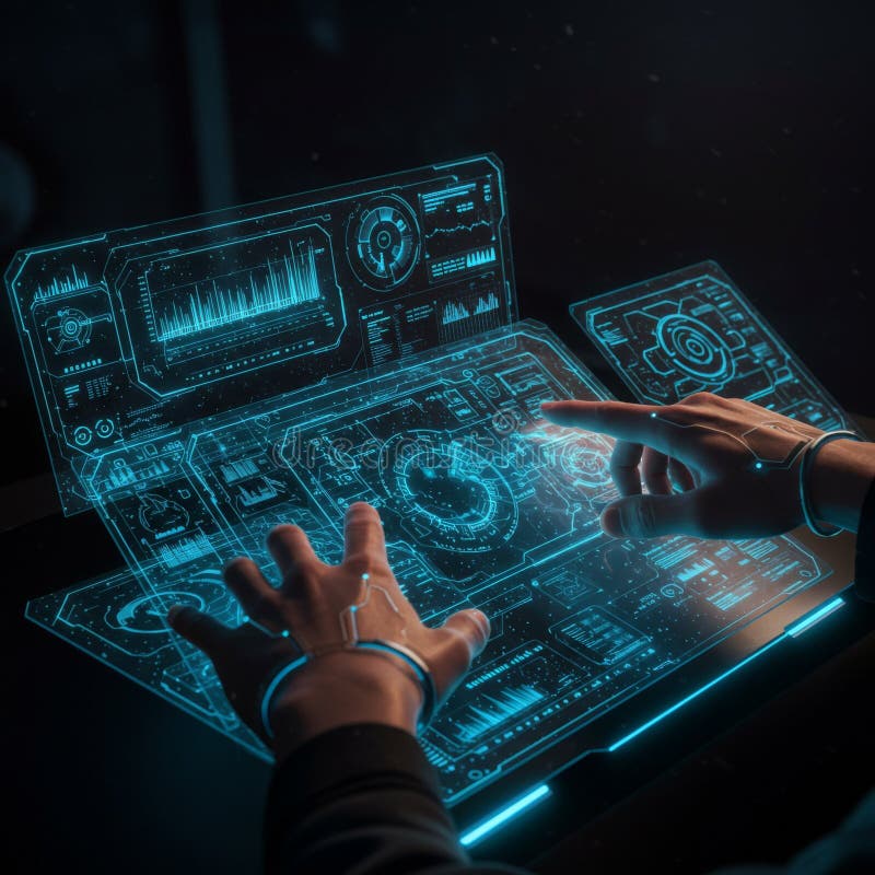 Hands Interacting with Futuristic Holographic Interface Stock ...