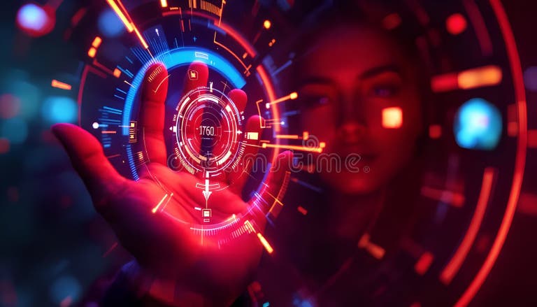 Hands Interacting with Futuristic Holographic Interfaces. Gesture Control with Floating ...