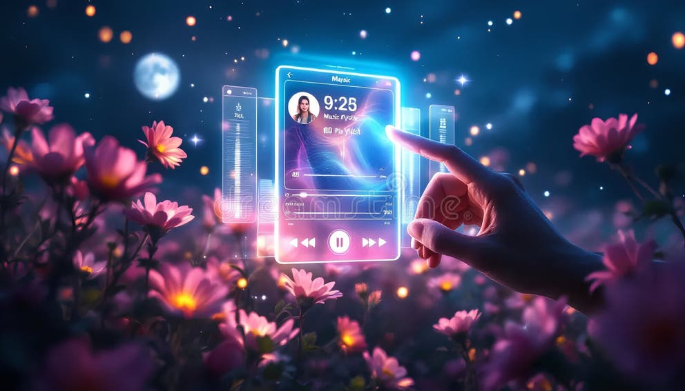 Hands Interacting with Futuristic Holographic Interfaces. Gesture Control with Floating ...