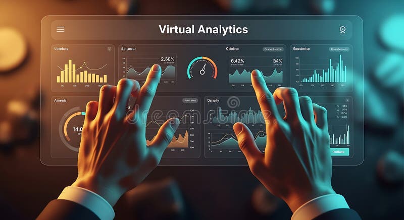 Hands Interacting with Futuristic Holographic Virtual Analytics Dashboard for Business ...