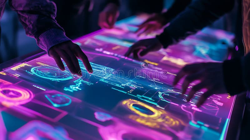 Hands Interacting with Futuristic Interface Stock Illustration ...