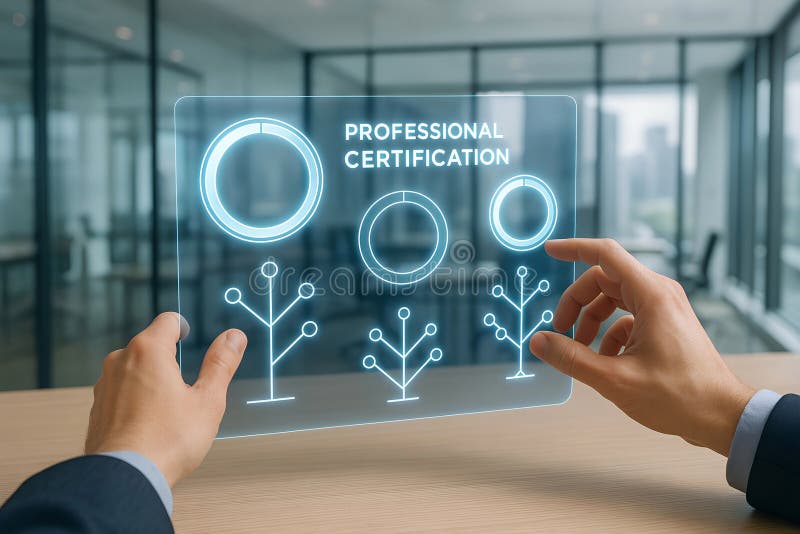 Hands Interacting with a Futuristic Interface Displaying Professional ...