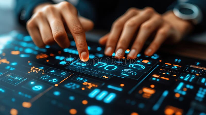 Hands Interacting with a Futuristic Touch Screen Interface Displaying ...