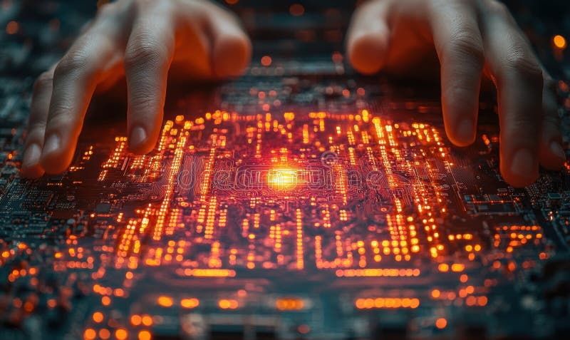 Hands Interacting with Glowing Computer Circuit Board at Night Stock ...