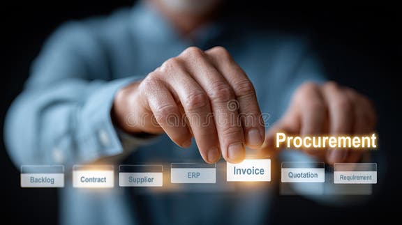 Hands Interacting with Glowing Digital Cards Displaying Procurement ...