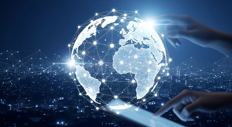 Hands Interacting with Glowing Digital Globe Network on Tablet Dark ...