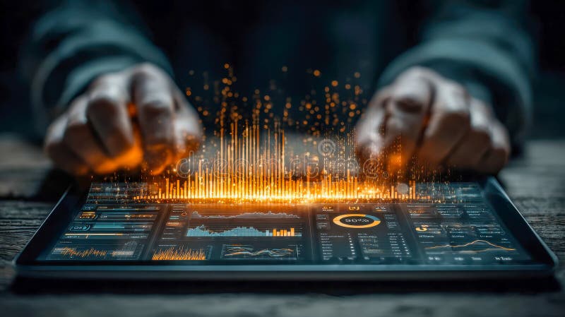 Hands Interacting with a Glowing Digital Tablet, with Orange Data Bars and Futuristic UI ...