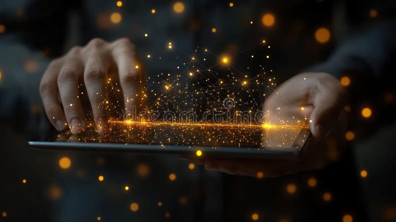 Hands Interacting with Glowing Tablet, Digital Network Overlay, Bokeh ...