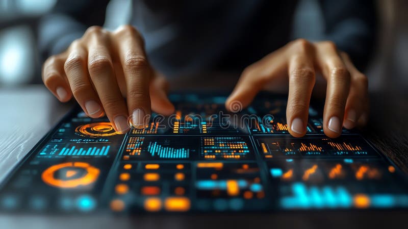 Hands Interacting with a High-tech Digital Interface Displaying Data and Analytics Stock ...