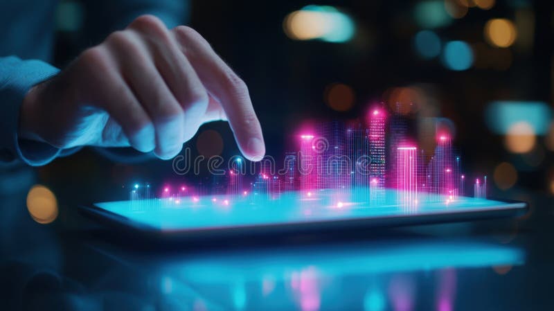 Hands Interacting with Holographic Futuristic Navigating through Interface on a Digital Tablet ...