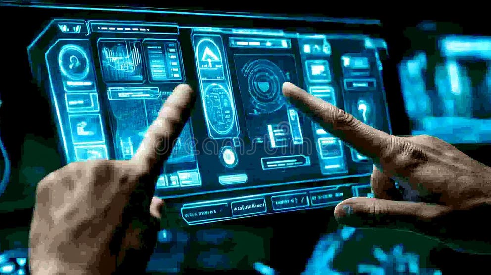 Hands Interacting with an Illuminated Digital Control Panel Interface ...