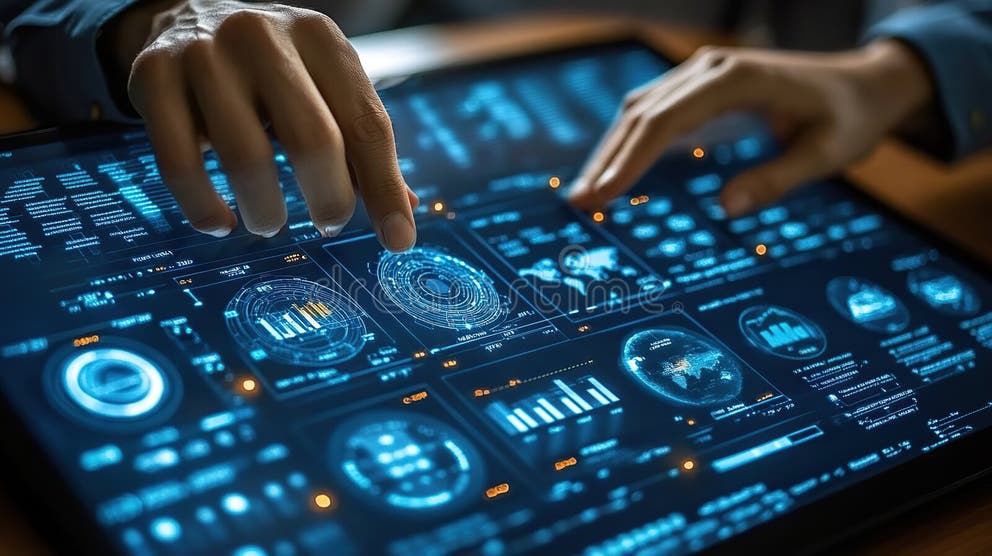 Hands Interacting with Interactive Dashboard, Modern Workplace, Data ...