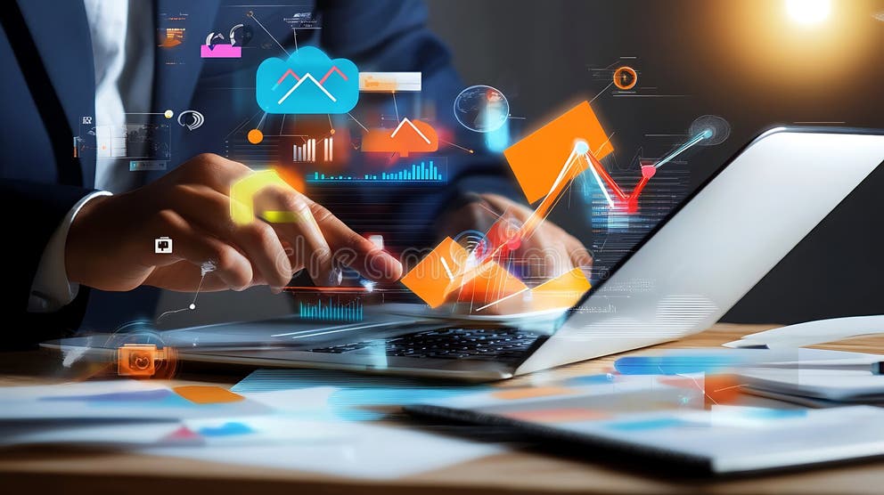 Hands Interacting with Laptop Displaying Cloud Computing and Data Analytics Visualizations on ...