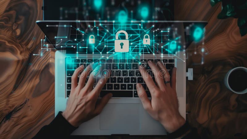 Hands Interacting with a Laptop Keyboard with Emerging Padlock Graphics ...