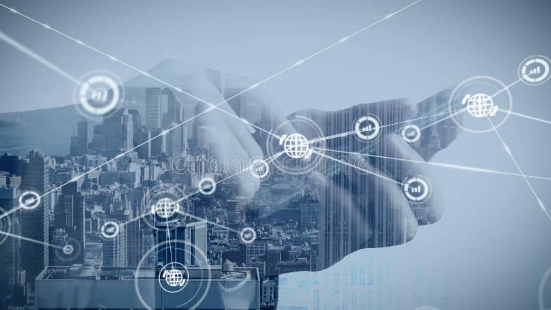 Hands Interacting with Network of Connections Animation Over Cityscape ...