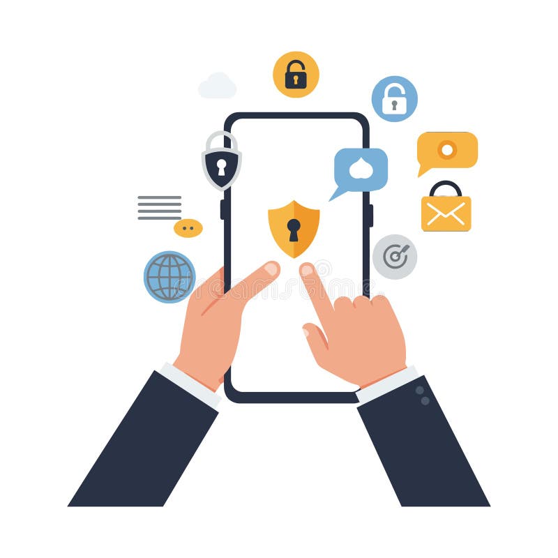 Hands Interacting with Smartphone Displaying Security and Privacy Icons ...
