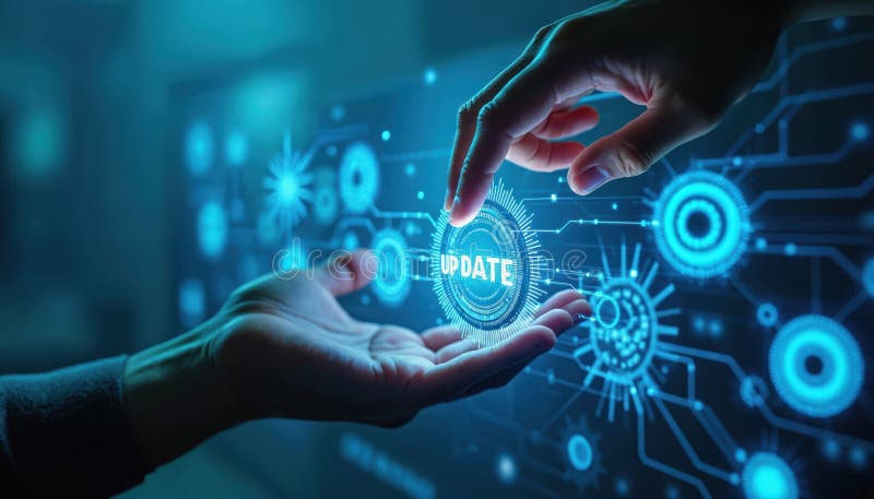 Hands Interacting with Software Update Interface. Concept Digital Transformation Process with ...