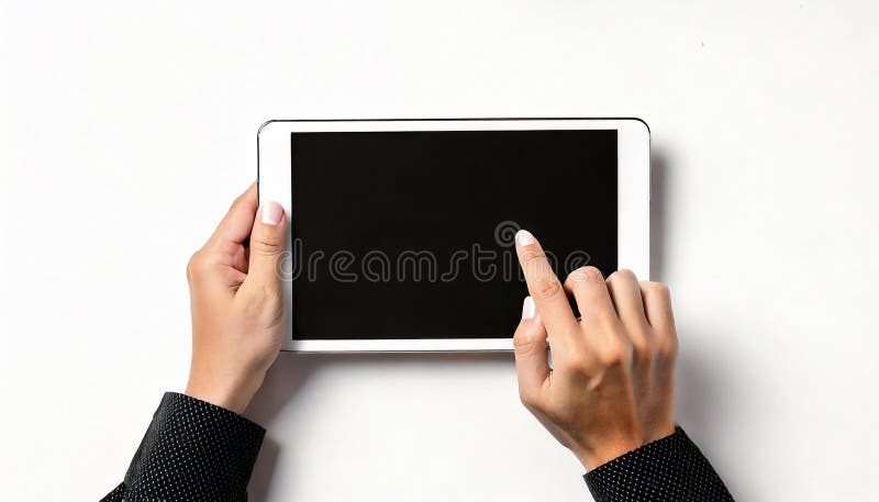 Hands Interacting with a Tablet Device on a Clean, Minimalistic Surface ...