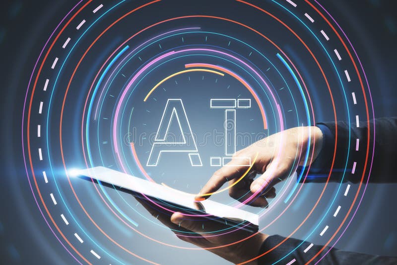 Hands Interacting with Tablet Displaying AI Concept in Colorful Digital ...