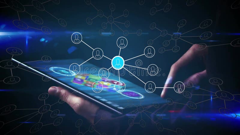 Hands Interacting with Tablet Over Network of Connected User Icons ...