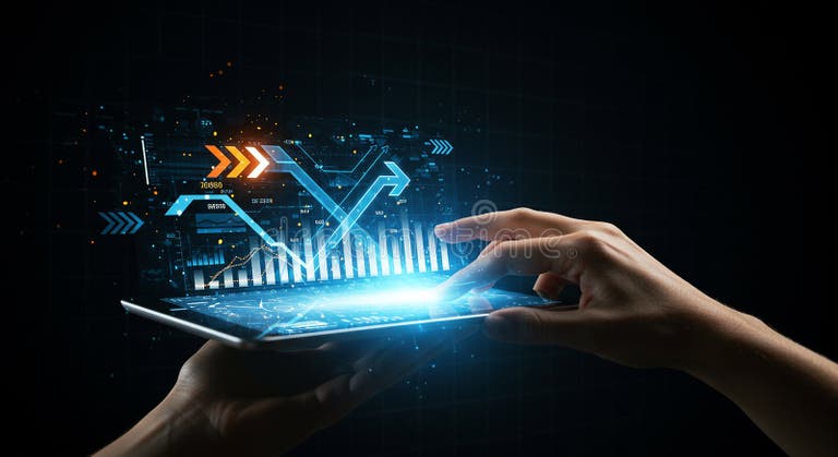 Hands Interacting with a Tablet, Projecting Digital Graphs and Data. the Holographic Stock ...