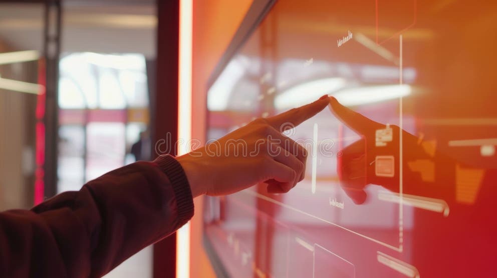 Hands Interacting with Touchscreen in Modern Tech Hub Environment Stock ...