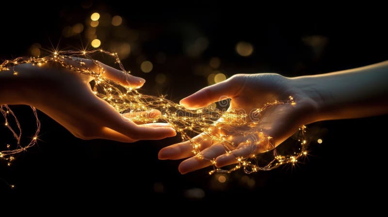 Hands Intertwined with Glowing Golden String Lights in Darkness Stock ...