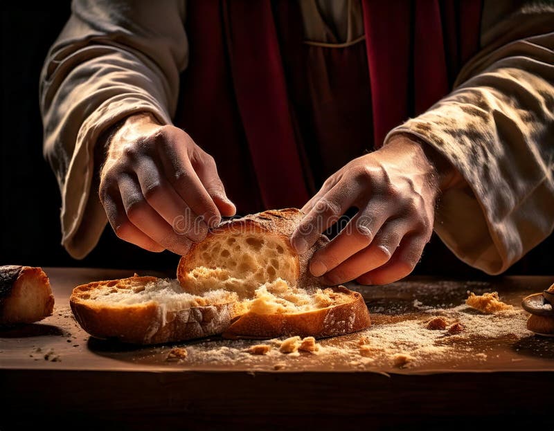 Hands of Jesus are Breaking Bread. AI-Generated. Stock Illustration - Illustration of jesus ...