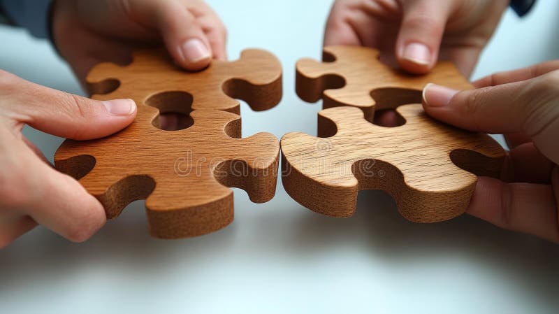 Hands Joining Four Wooden Puzzle Pieces, Teamwork, Collaboration, and ...