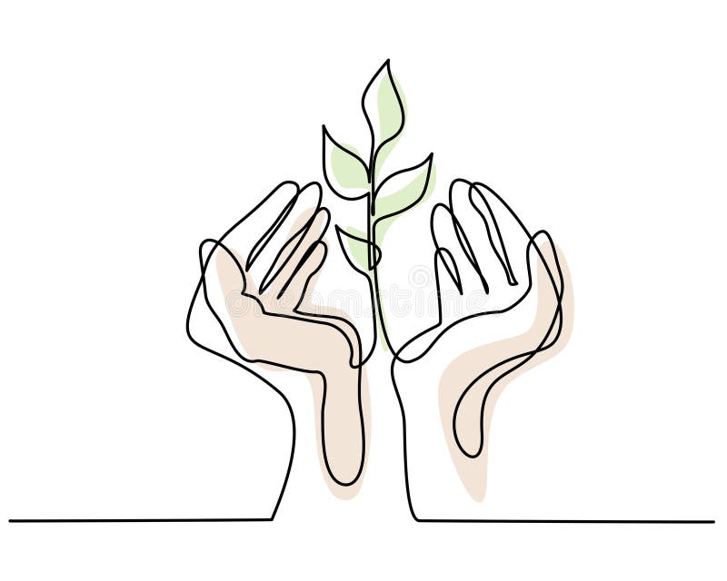 Hands Keep Sprout of Plant. Continuous One Line Drawing Stock ...