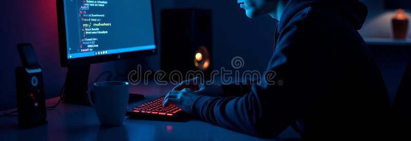 Hands on Keyboard. Banner of Programmer Working Late at Night, Man ...