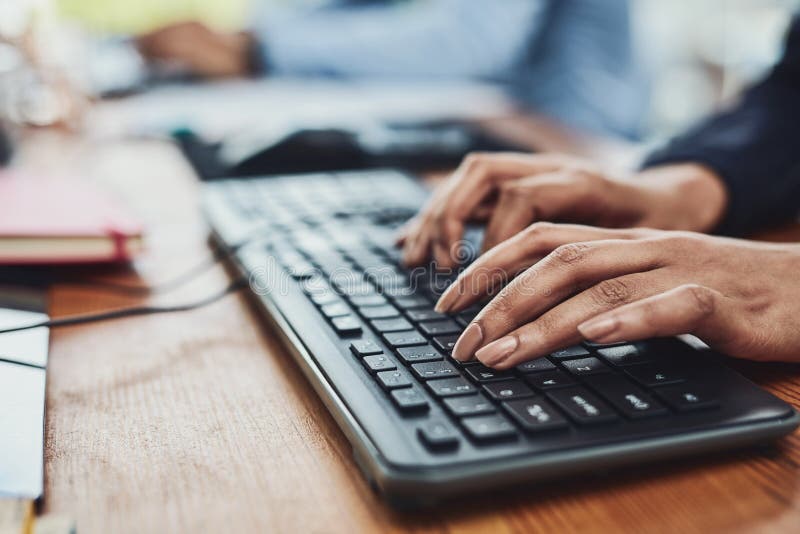 Hands, Keyboard and Click with Person, Office and Research for Report ...