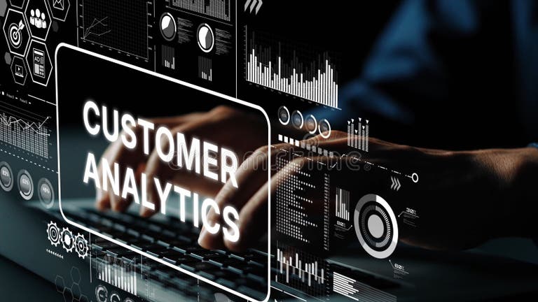 Hands on Keyboard with Customer Analytics Data Visualization and Digital Graphs for Business ...
