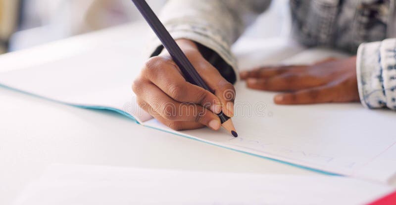 Hands, Kid and Writing in Book, Classroom and Learning with Development ...