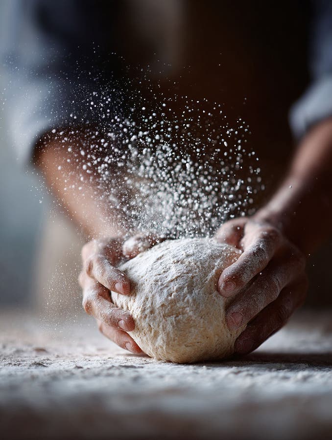 Hands Knead Dough, Flour Exploding. a Metaphor for Creation, Hard Work ...